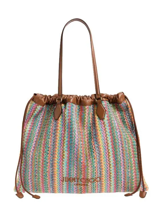 JIMMY CHOO Large Woven Raffia Drawstring Tote - Multi/tan/light Gold