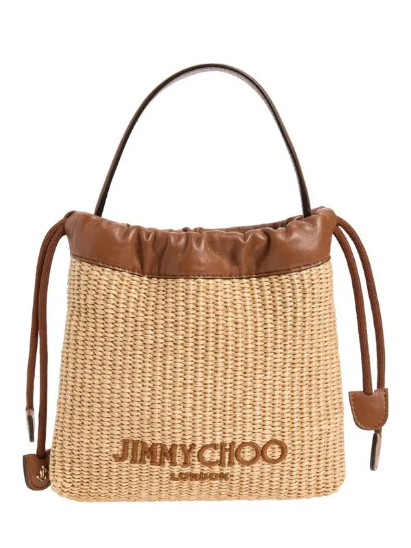 JIMMY CHOO Woven Raffia Top Handle Drawstring Pouch - Natural/tan/light Gold