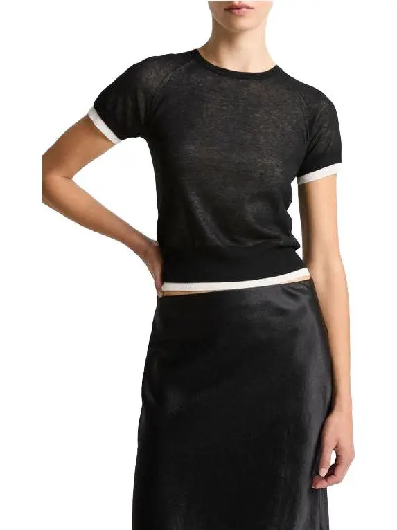Vince Double Layer Raglan Short Sleeve Sweater - Black/off White
