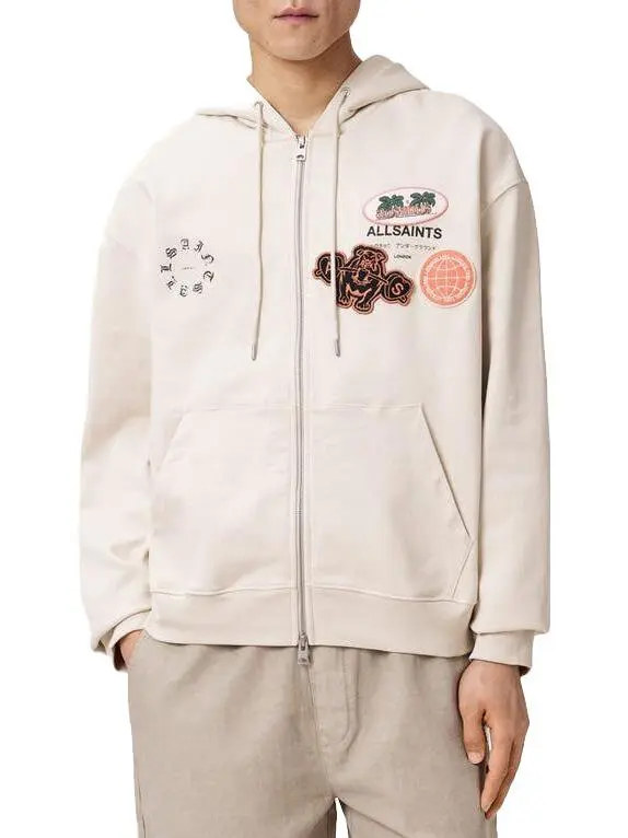 ALLSAINTS Patcher Graphic Cotton Zip Front Hoodie - Dusk White