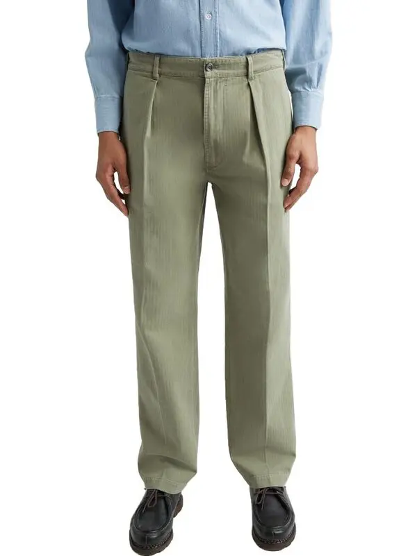 DRAKE'S Cotton Herringbone Pleated Trousers - Olive