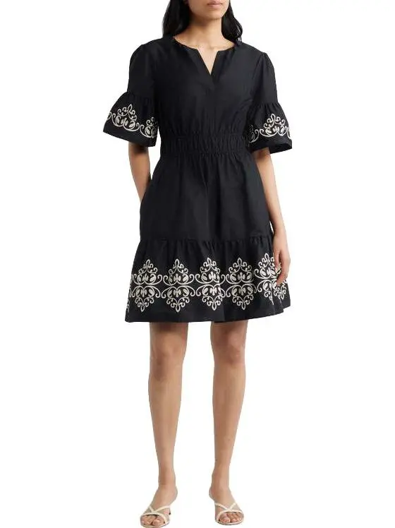 Vince Camuto Ruffled Cotton Dress With Embroidered Details - Black