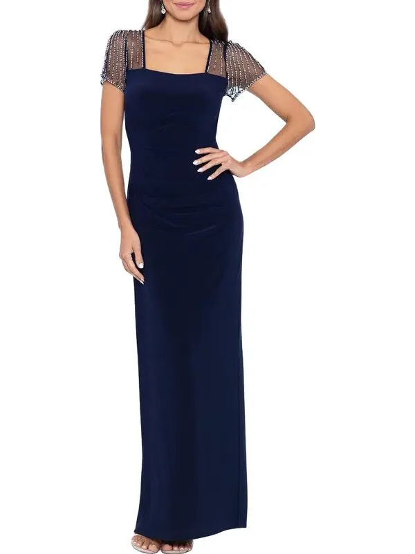 Betsy & Adam Embellished Sleeve Column Gown - Navy/silver