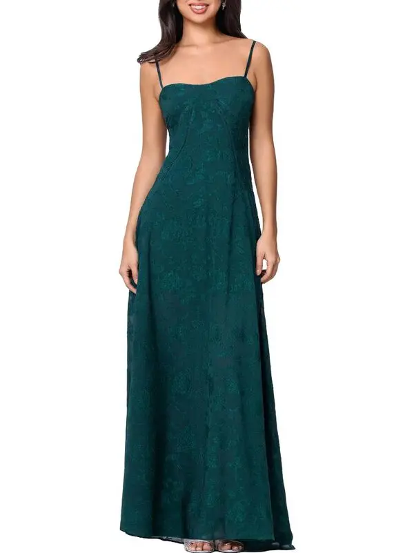 Betsy & Adam Floral Jacquard Chiffon Gown - Pine