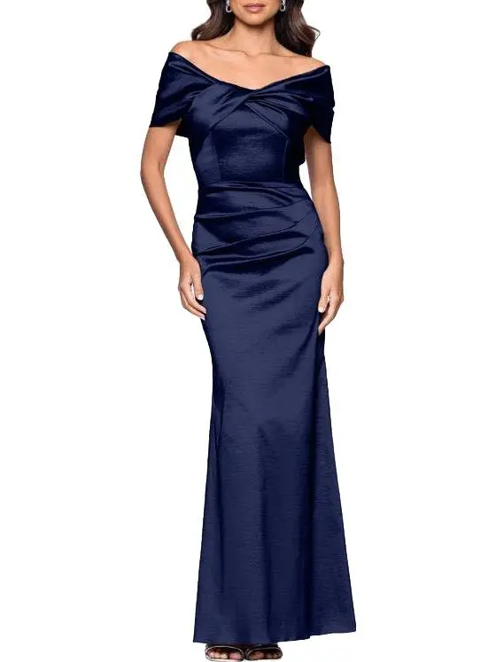 Betsy & Adam Off-the-shoulder Ruched Taffeta Gown - Navy