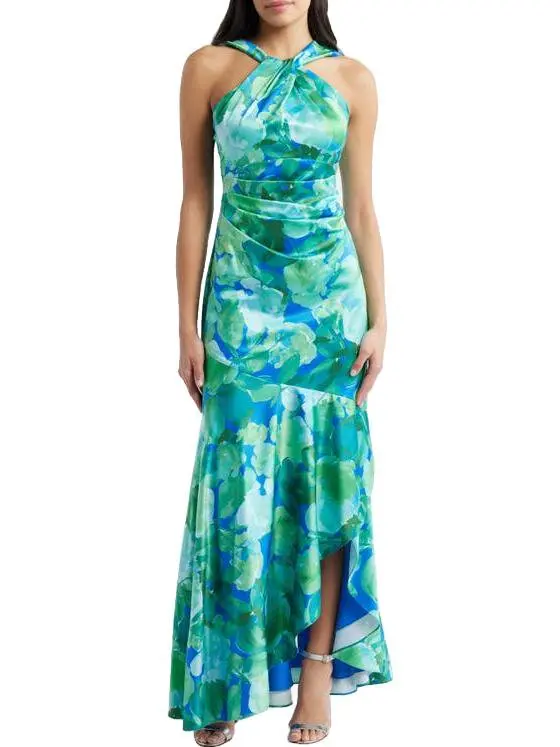 Eliza J Twist Neck Floral Print Satin Maxi Dress - Turquoise Green
