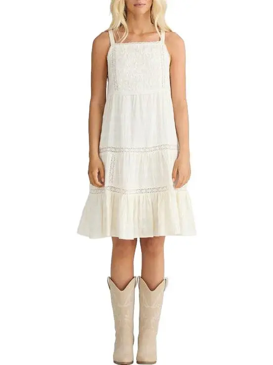 TALISMAN THE LABEL Aurora Floral Embroidered Lace Trim Tiered Midi Dress - Off White