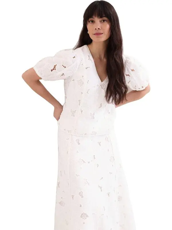 PHASE EIGHT Marina V-neck Lace Puff Sleeve Blouse - Ivory