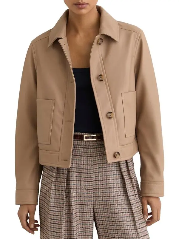 REISS Sonny Leather Crop Jacket - Neutral