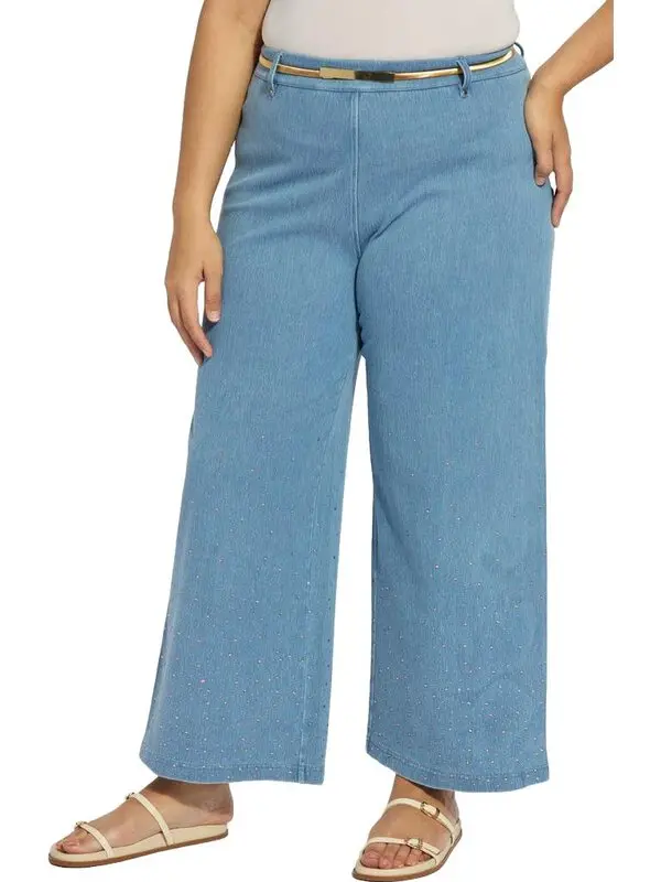 Lyssé Erin Belted Crystal Embellished Pull-on Wide Leg Jeans - Bleached Blue