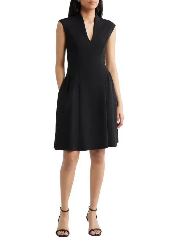 Vince Camuto Scuba Crepe V-neck Fit & Flare Dress - Black
