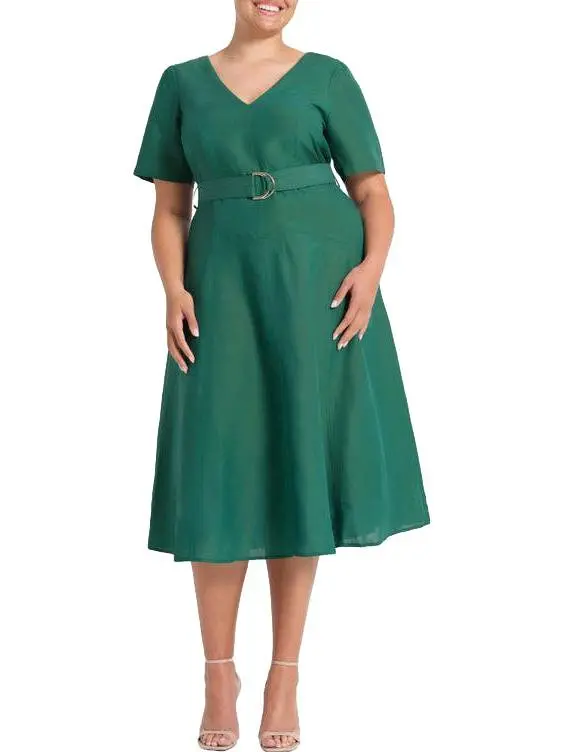 ESTELLE Linen Blend Fit & Flare Midi Dress - Jade