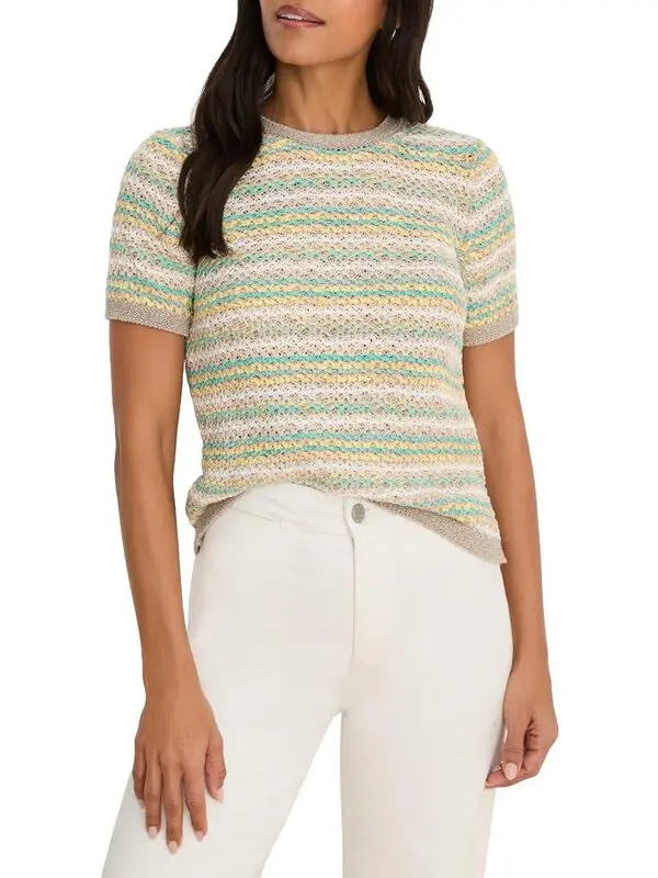 NIC+ZOE Striped Knit Cotton Blend Sweater - Aqua Multi