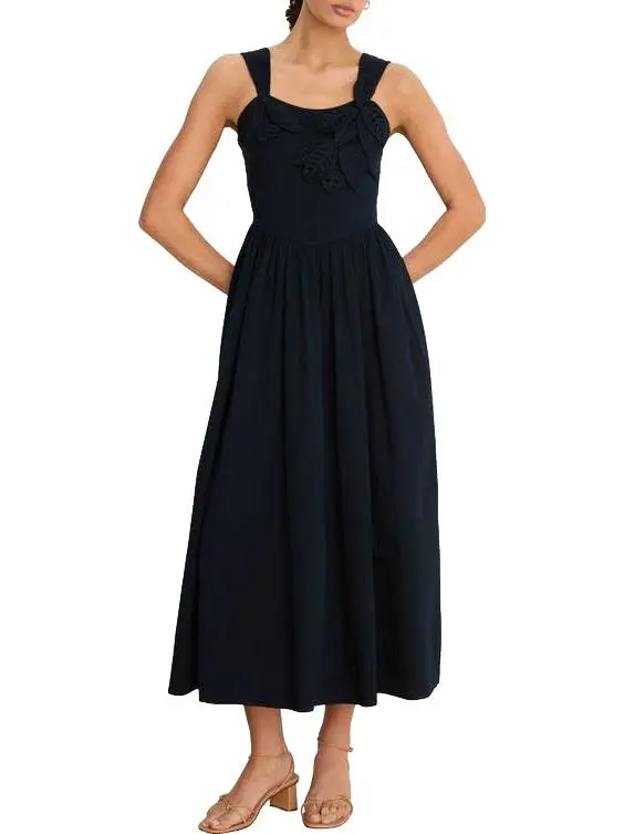 NIC+ZOE Eloise Floral Leaf Appliqué Stretch Cotton Fit & Flare Midi Dress - Dark Indigo