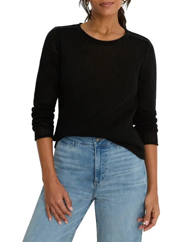 NIC+ZOE Breezeway Open Knit Crewneck Sweater - Black Onyx
