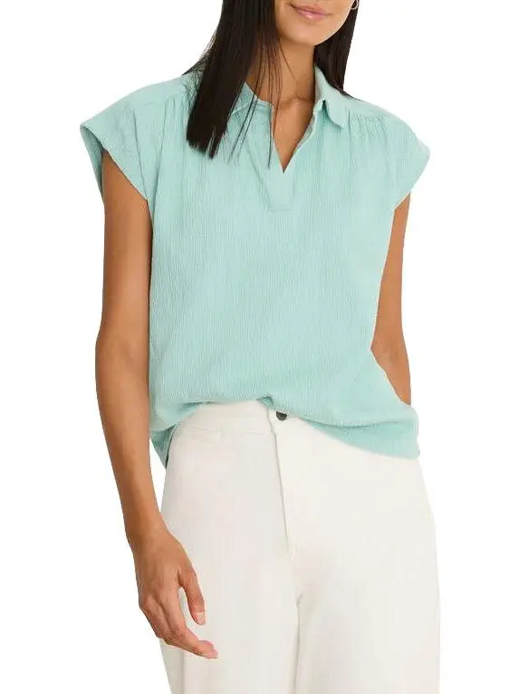 NIC+ZOE Coastal Crinkle Cotton Blend Top With Johnny Collar - Aquifer