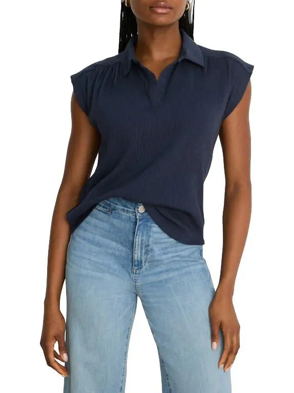 NIC+ZOE Coastal Crinkle Cotton Blend Top With Johnny Collar - Dark Indigo