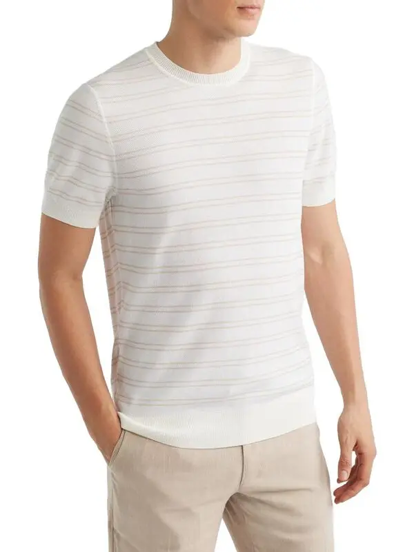 BOSS H-nalon Stripe Short Sleeve Cotton Blend Piqué Sweater - White