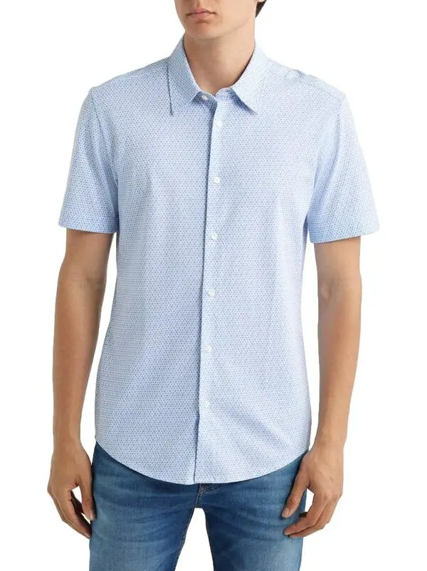 BOSS P-roan Slim Fit Micropattern Short Sleeve Button-up Shirt - Light/pastel Blue