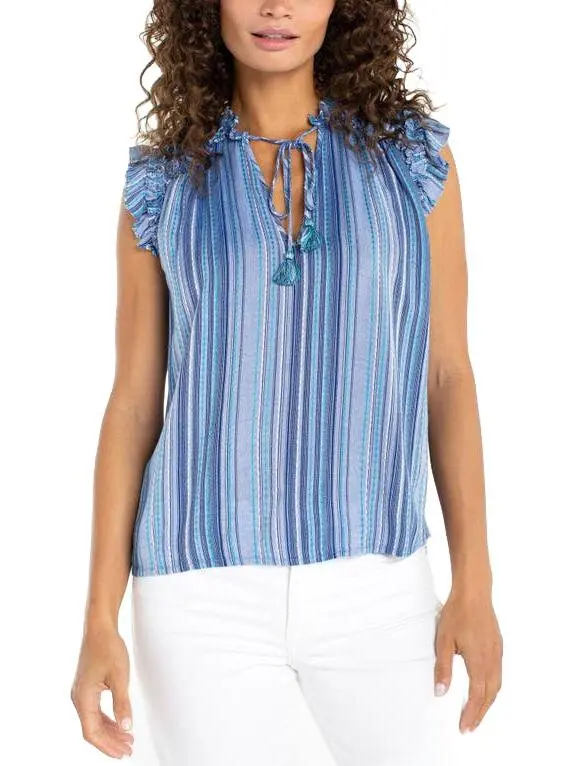 LIVERPOOL Ruffle Flutter Sleeve Striped Top - Chambry/teal Mlt