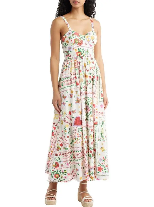 Moon River Floral Cotton Midi Sundress - Off White Multi