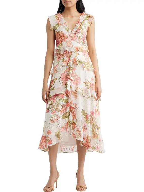 CECE DUPRAZ Floral Metallic Detail Cascade Ruffle Dress - Egret