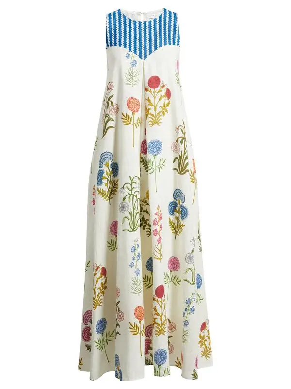 Elie Tahari Sleeveless Linen Maxi Dress With Floral Print And Contrast Stitching - Multi Floral