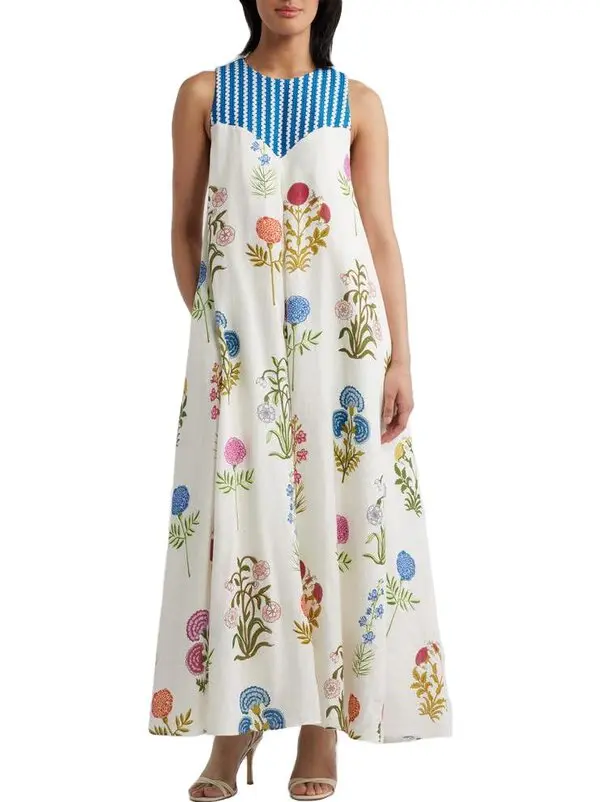 Elie Tahari Sleeveless Linen Maxi Dress With Floral Print And Contrast Stitching - Multi Floral