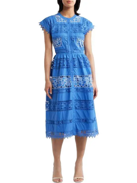 Elie Tahari Ava Eyelet Midi Dress - Seaport Blue