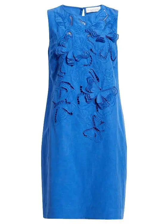 Elie Tahari Isabella Embroidered Sleeveless Dress - Seaport Blue