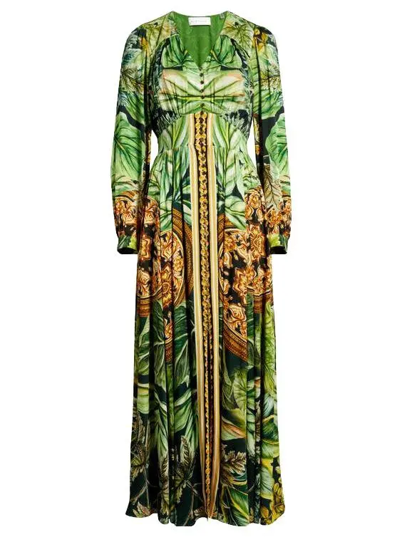 Elie Tahari Alexandria Print Long Sleeve Silk Blend Maxi Dress - Atrium Garden Print
