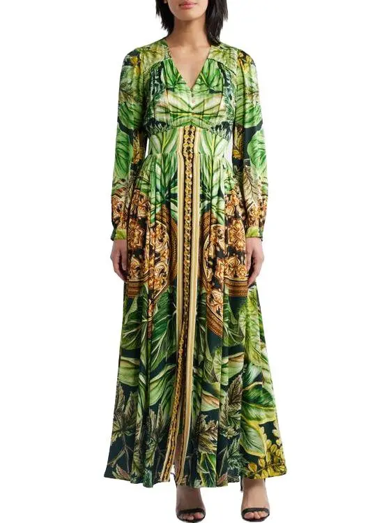 Elie Tahari Alexandria Print Long Sleeve Silk Blend Maxi Dress - Atrium Garden Print