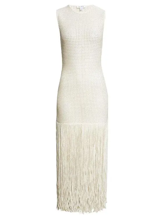 Alaïa Fringe Mesh Knit Maxi Dress - Blanc Naturel