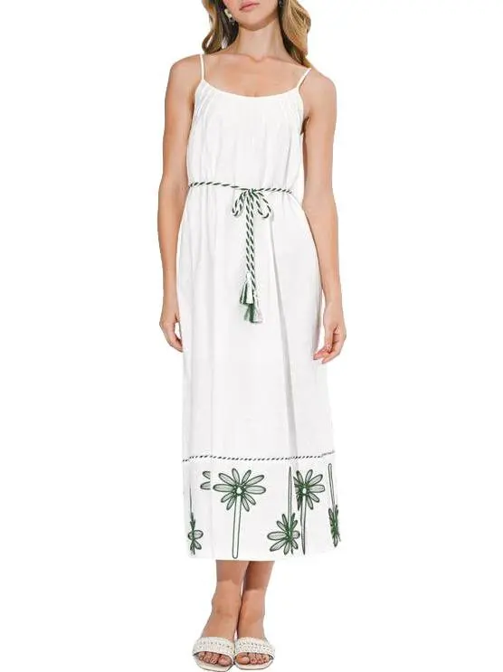 Adelyn Rae Sophia Palm Tree Embroidered Belted Maxi Dress - White/green