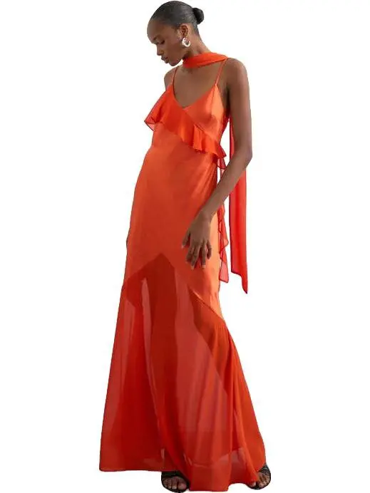 Topshop Satin & Chiffon Maxi Slipdress With Ruffles - Orange