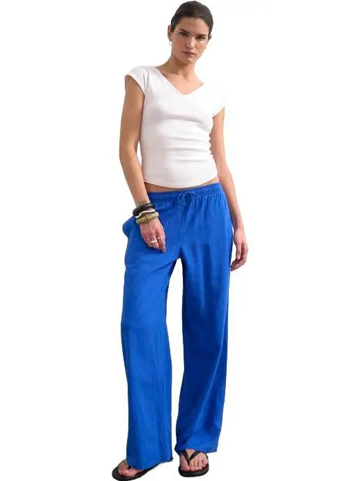 Topshop Linen Blend Straight Leg Pants - Blue