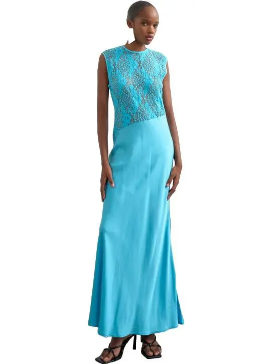 Topshop Satin And Lace Maxi Dress - Turquoise