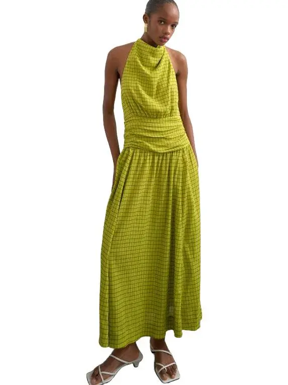 Topshop Checked Halterneck Maxi Dress - Green