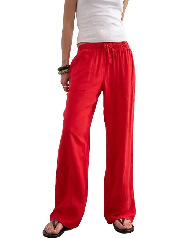 Topshop Linen Blend Straight Leg Pants With Drawstring Waist - Red