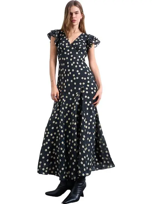 Topshop Flutter Sleeve Polka Dot V-neck Midi Dress - Black Spot
