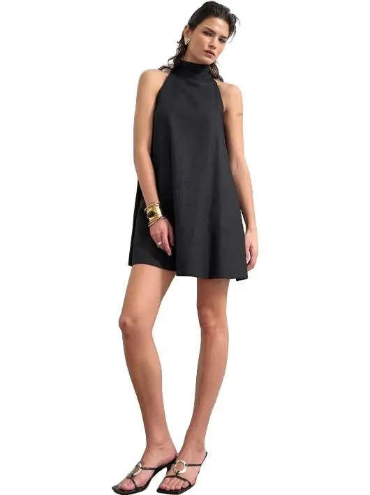 Topshop Linen Blend Trapeze Mini Dress - Black