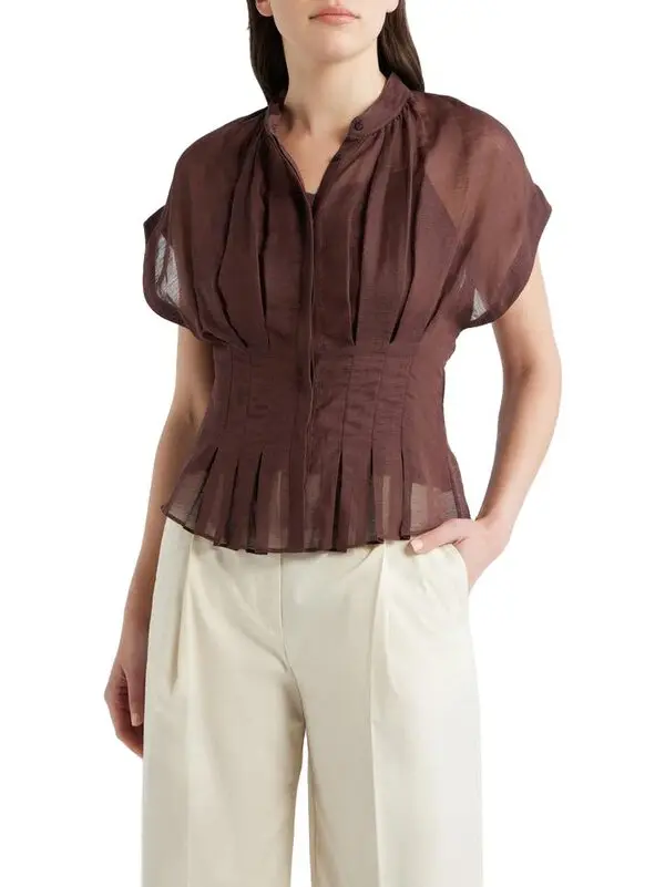 BOSS Badavina Pleated Waist Sheer Button-up Shirt - Mocha