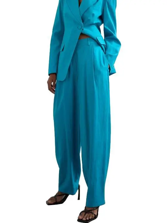 Topshop Mid-rise Linen Blend Barrel Leg Trousers - Turquoise