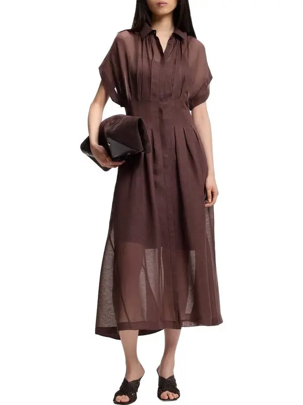 BOSS Davinata Sheer Pleat Shirtdress - Mocha
