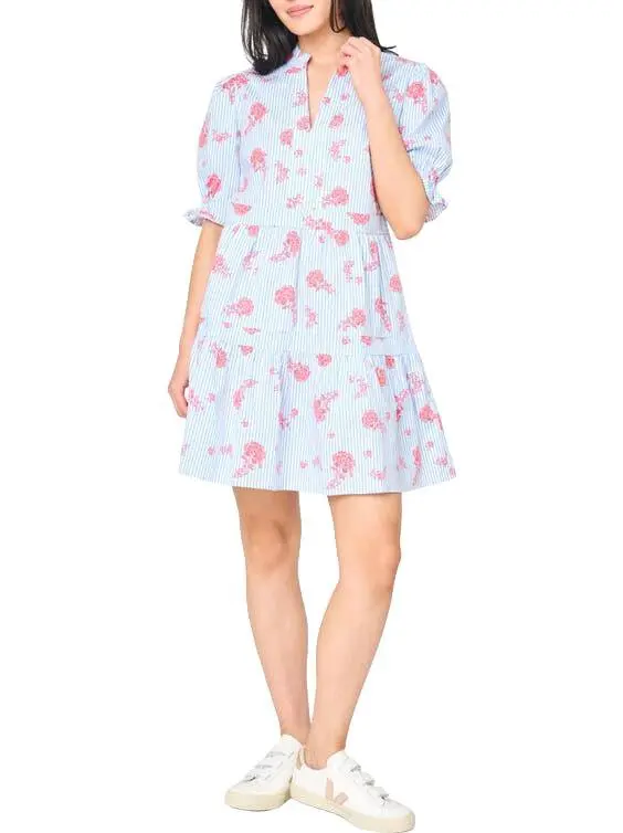 GIBSONLOOK Puff Sleeve Floral Print Dress - Nautical Rose Stripe
