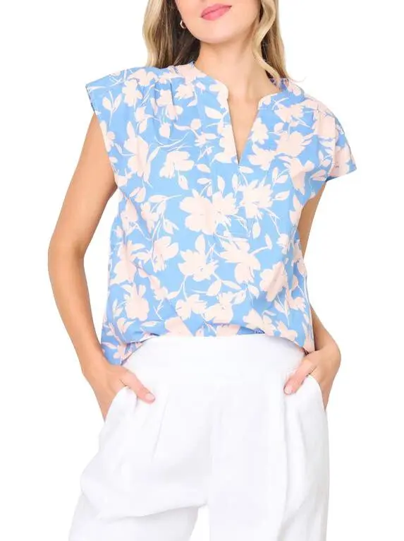 GIBSONLOOK Cap Sleeve Stretch Cotton Top With Floral Print - Jardin Bleu