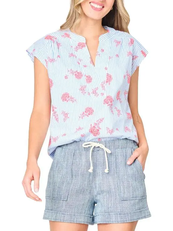 GIBSONLOOK Cap Sleeve Stretch Cotton Top With Floral Print - Nautical Rose Stripe