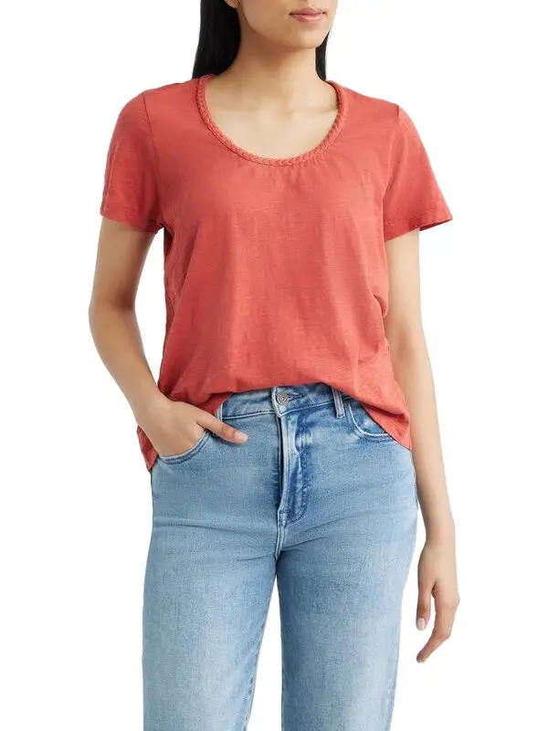 CITY BLUES Braided Neck Cotton T-shirt - Brick