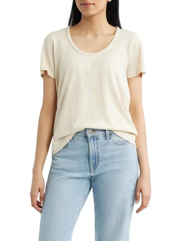 CITY BLUES Braided Neck Cotton T-shirt - Parchment