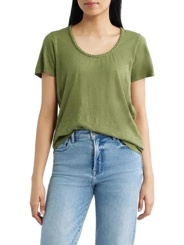 CITY BLUES Braided Neck Cotton T-shirt - Pine